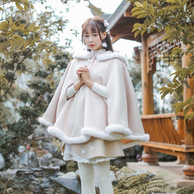 Lady Cape Jacket Hooded Cloak Poncho Faux Fur Edge Hanfu Thermal Winter ...