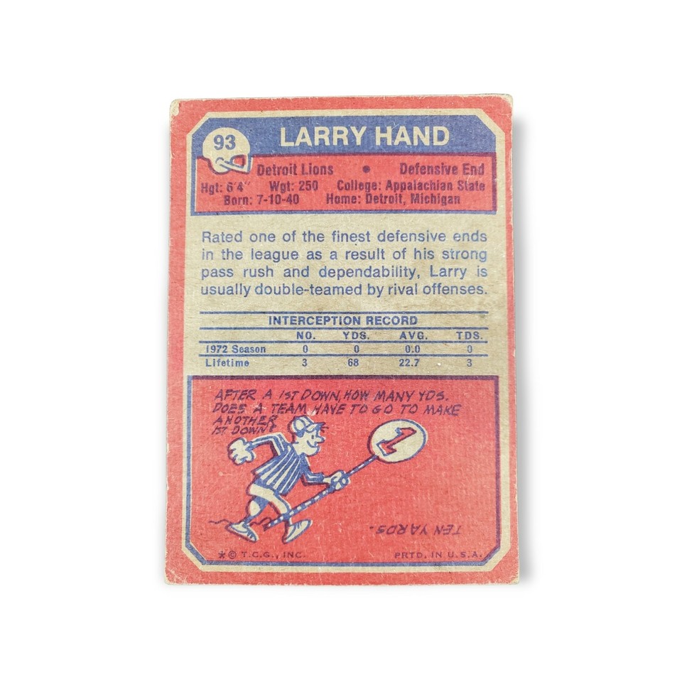 1973 Topps Football Larry Hand Card #93 Detroit Lions Trading Card | eBay
