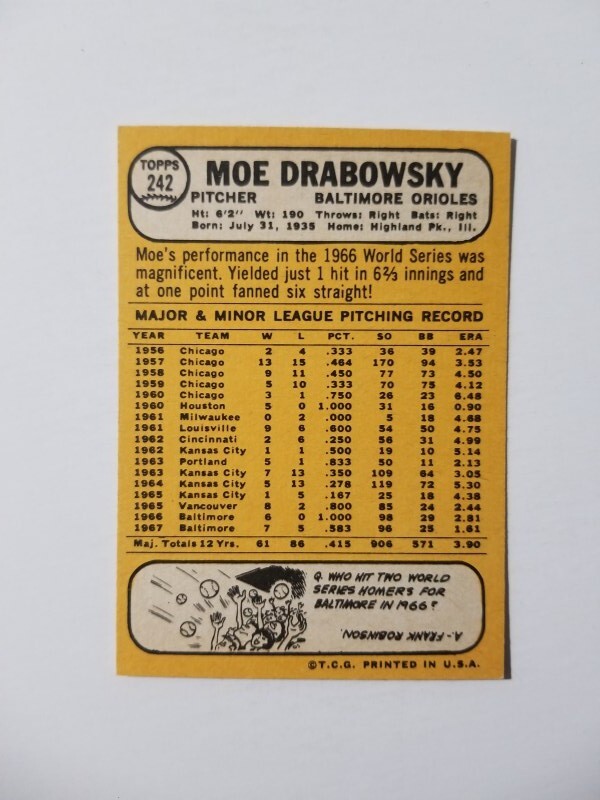 MOE DRABOWSKY 1968 TOPPS BASEBALL CARD #242 BALTIMORE ORIOLES | eBay