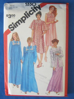 Simplicity Pattern 5330 Pullover Nightgown, Robe, Bed Jacket Sz 10-12 ...