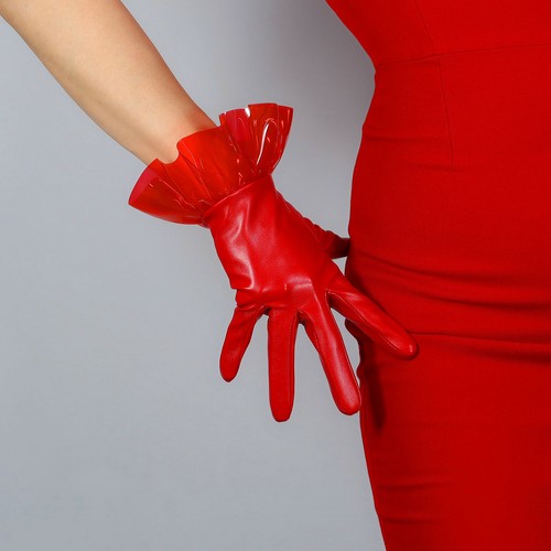 CLEAR GLOVES PVC Ruffle Trim TECH Faux Leather Black Short Plastic ...