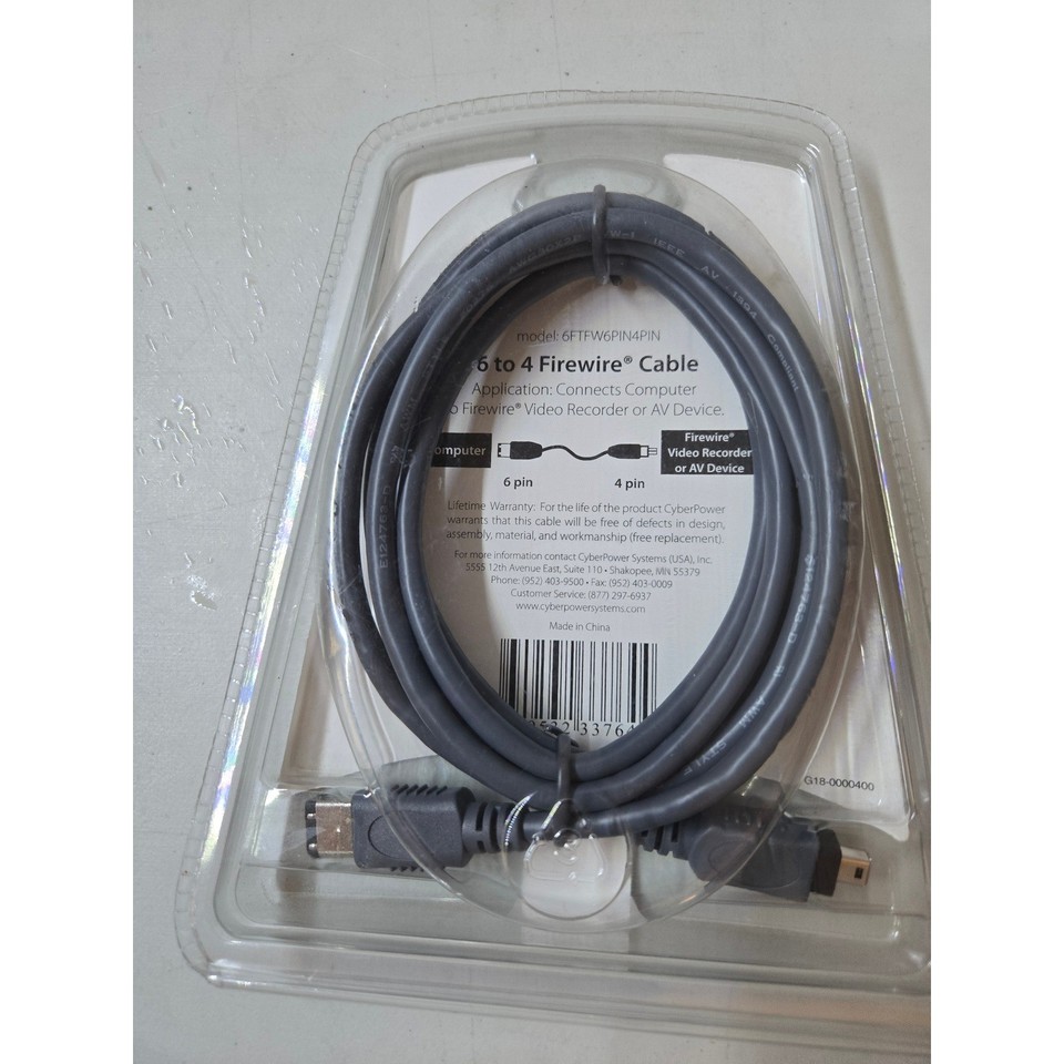 Cyber Power FireWire 6 Pin to 4 Pin Cable 6ft 1.8m 400Mbps for Video ...