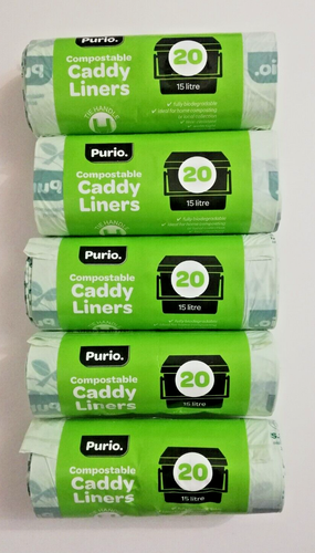 Purio 100 Bags x 15 Litre Biodegradable Caddy Bin Liners Compostable ...