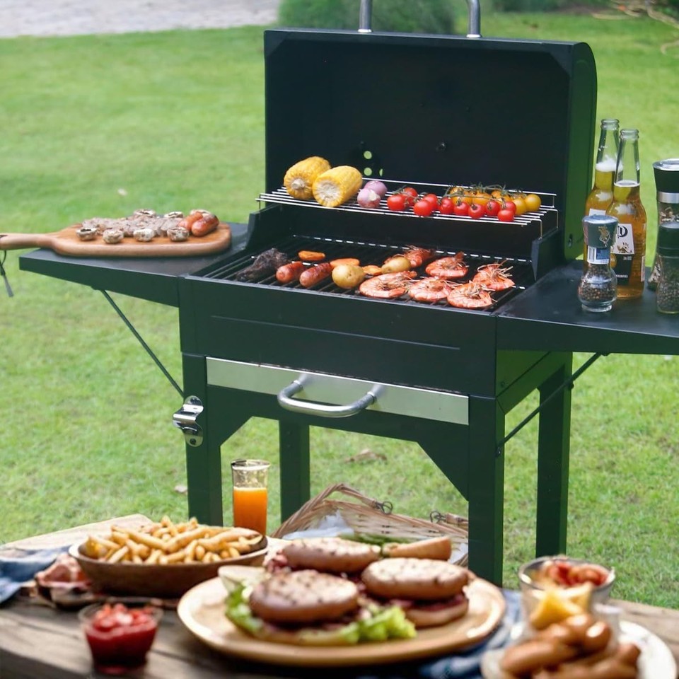 MASTER COOK Heavy-duty Steel BBQ Charcoal Grill with Two Side Tables ...