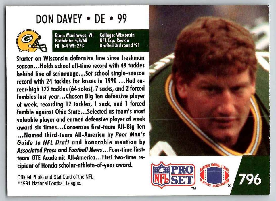 1991 PRO SET DON DAVEY GREEN BAY PACKERS #796 | eBay