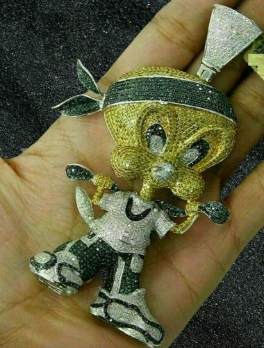 3CT Round Multi Color Diamond Cute Tweety Cartoon Pendant 14k White ...