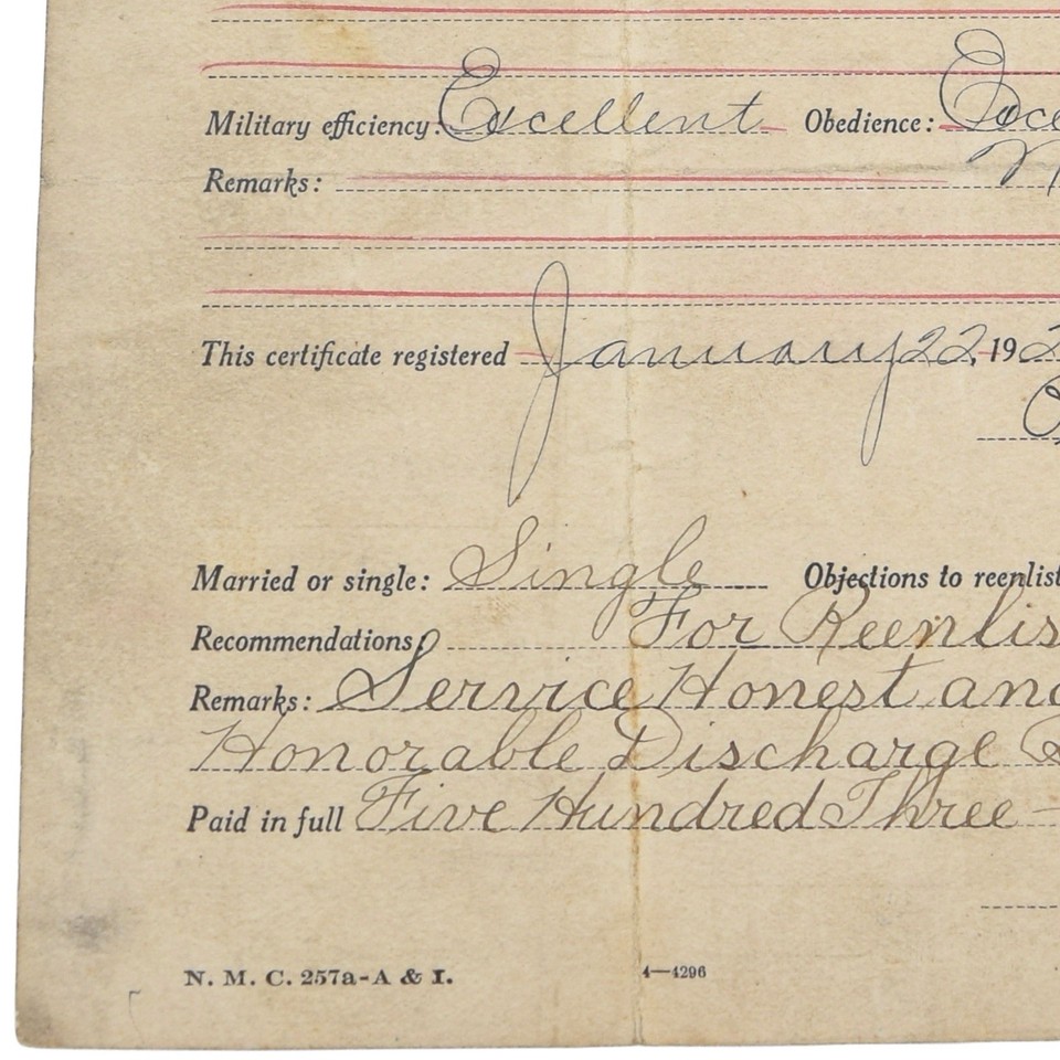 WW1-1924 USMC Marine Honorable Discharge ORIGINAL Paperwork Guam Peking ...
