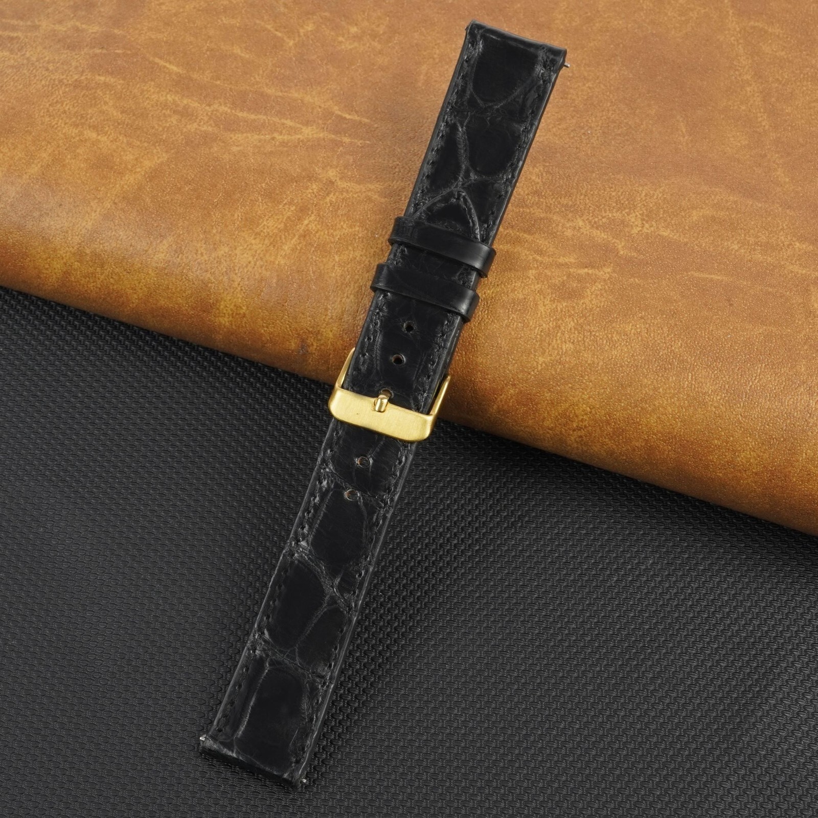 Black Flat Crocodile Leather Watch Band Real Crocodile Watch Strap Gold ...