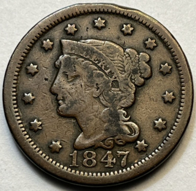 US 1847 Large Cent Penny 1c Nice Circulated Example Chocolate Brown ...