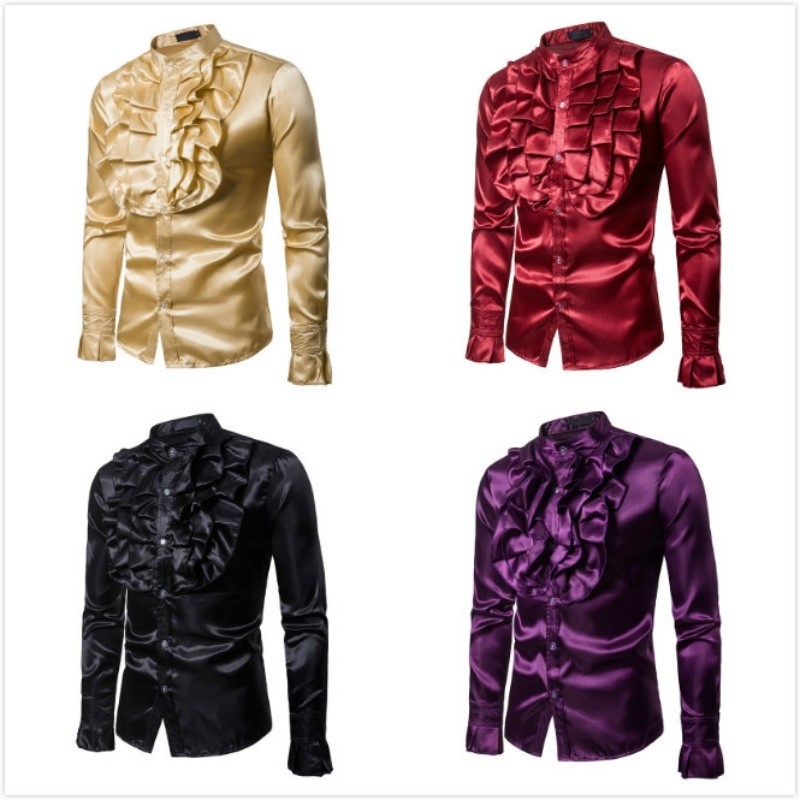 Men Faux Silk Satin Ruffle Shirt Tops Long Sleeve Fancy Clothes ...