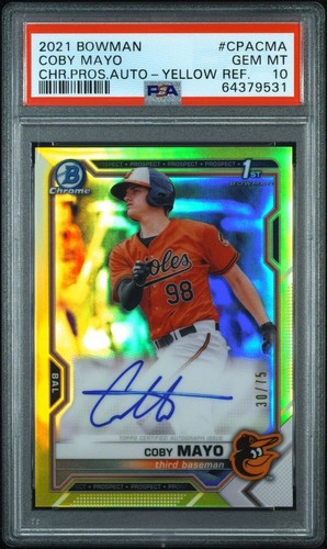 2021 Bowman COBY MAYO Chrome 1st YELLOW REFRACTOR AUTO /75 PSA 10 Gem ...