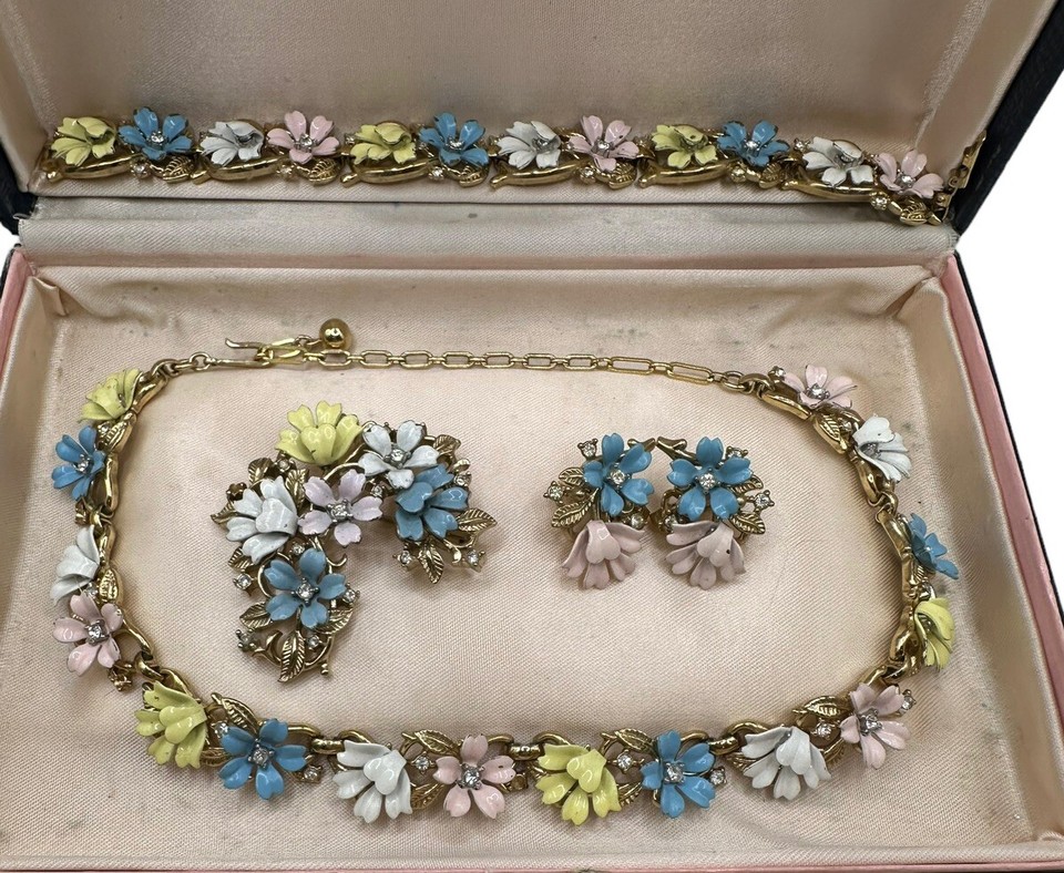 RARE Vintage Crown Trifari Parure Pastel Floral Necklace Bracelet ...