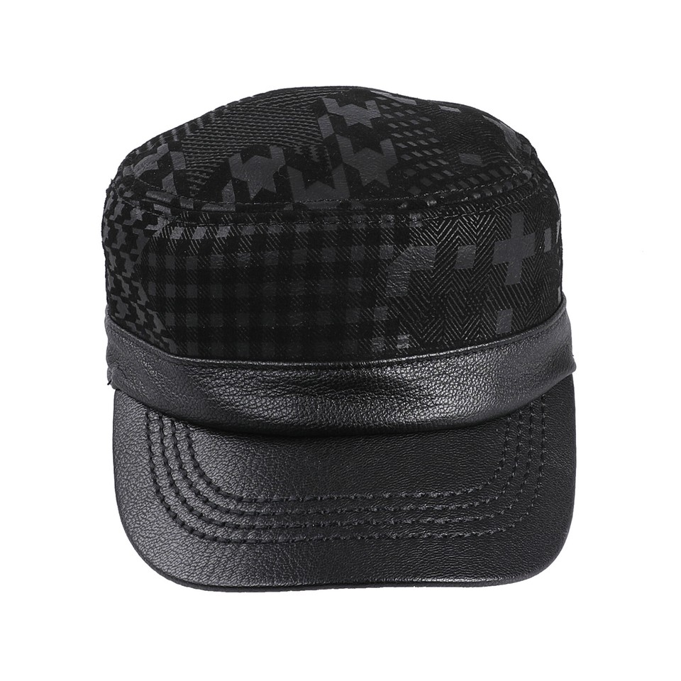 Men's Flat Top Cap Real Sheepskin Leather Military Style Caps Cadet ...