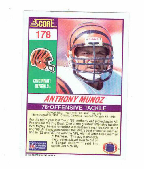Anthony Munoz Cincinnati Bengals #78 OT #178 Score 1990 Football Card ...