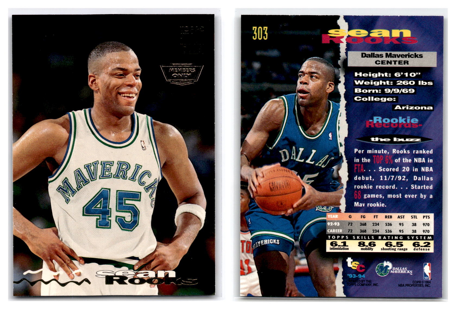 1993-94 Stadium Club Members Only #303 Sean Rooks - Dallas Mavericks | eBay