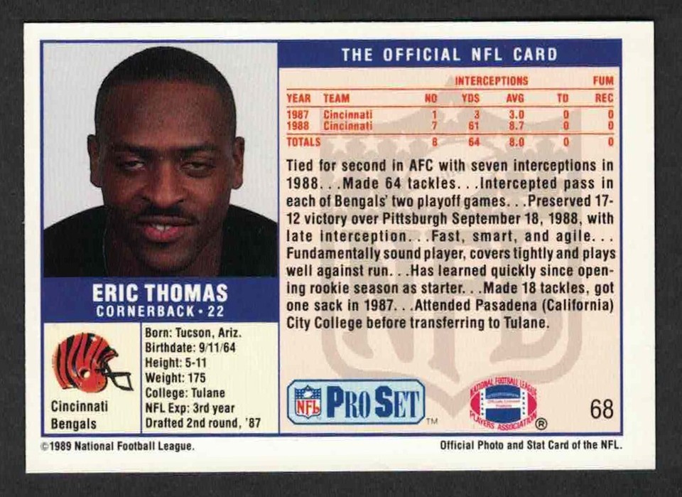 1989 PRO SET RC #68 ERIC THOMAS - CINCINNATI BENGALS - ROOKIE CARD ...
