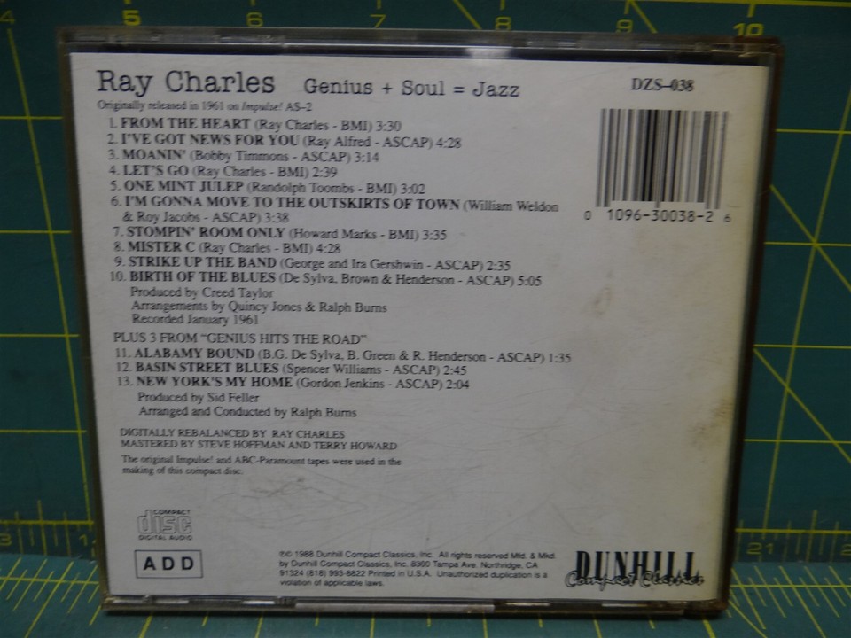 Ray Charles – Genius + Soul = Jazz 1988 CD Dunhill Compact Classics DZS ...