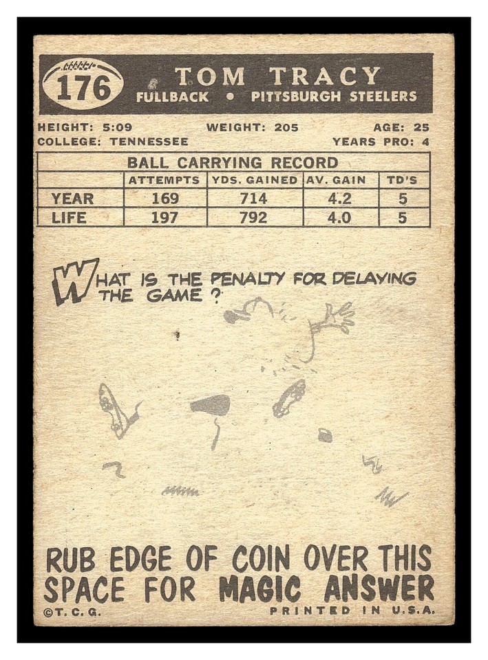 1959 TOPPS FOOTBALL TOM TRACY #176 ROOKIE CARD STEELERS HIGHER GRADE NO ...