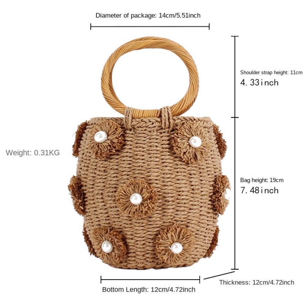 Round Handbag Flower Pearls Bucket Bag Stylish Straw Bag Women's | eBay