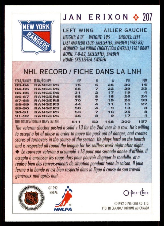1992-93 O-Pee-Chee Jan Erixon . New York Rangers #207 | eBay