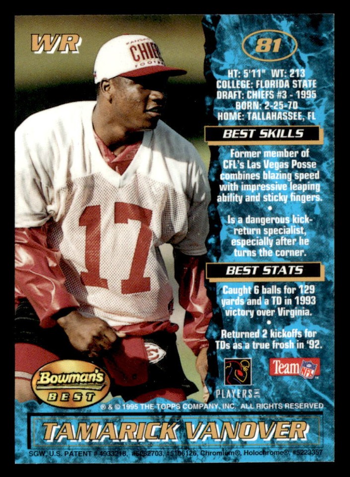 Tamarick Vanover 1995 Bowman's Best Rookie Card #81 Kansas City Chiefs ...