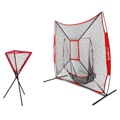 7'×7' Baseball Practice Net + Portable Batting Ball Caddy W/ Bag Strike ...