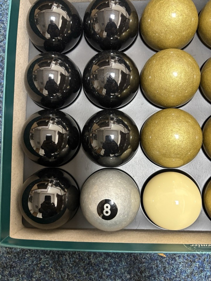 Aramith Premier Black / Gold UK Pool Ball Set Silver 8 Ball Pub Light ...