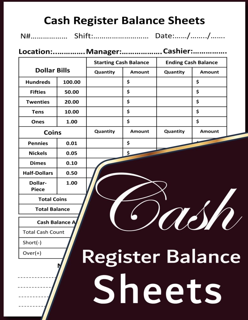 Cash Register Balance Sheets: Drawer Count Sheet ,Cashier Log Book for ...