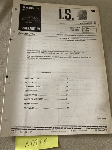 Renault Tecnical R18 Repair R1342 R1352 R1343 R1353 Edition 1981 Engine ...