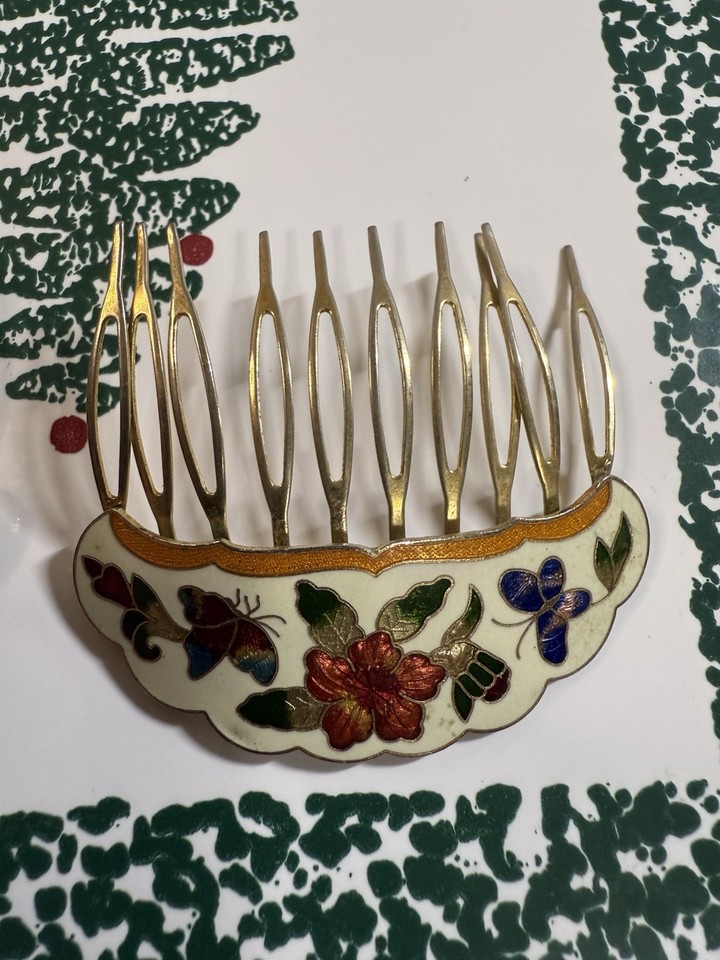 Two Vintage Cloisonné Hair Combs Enamel Floral Butterfly Bird Design | eBay
