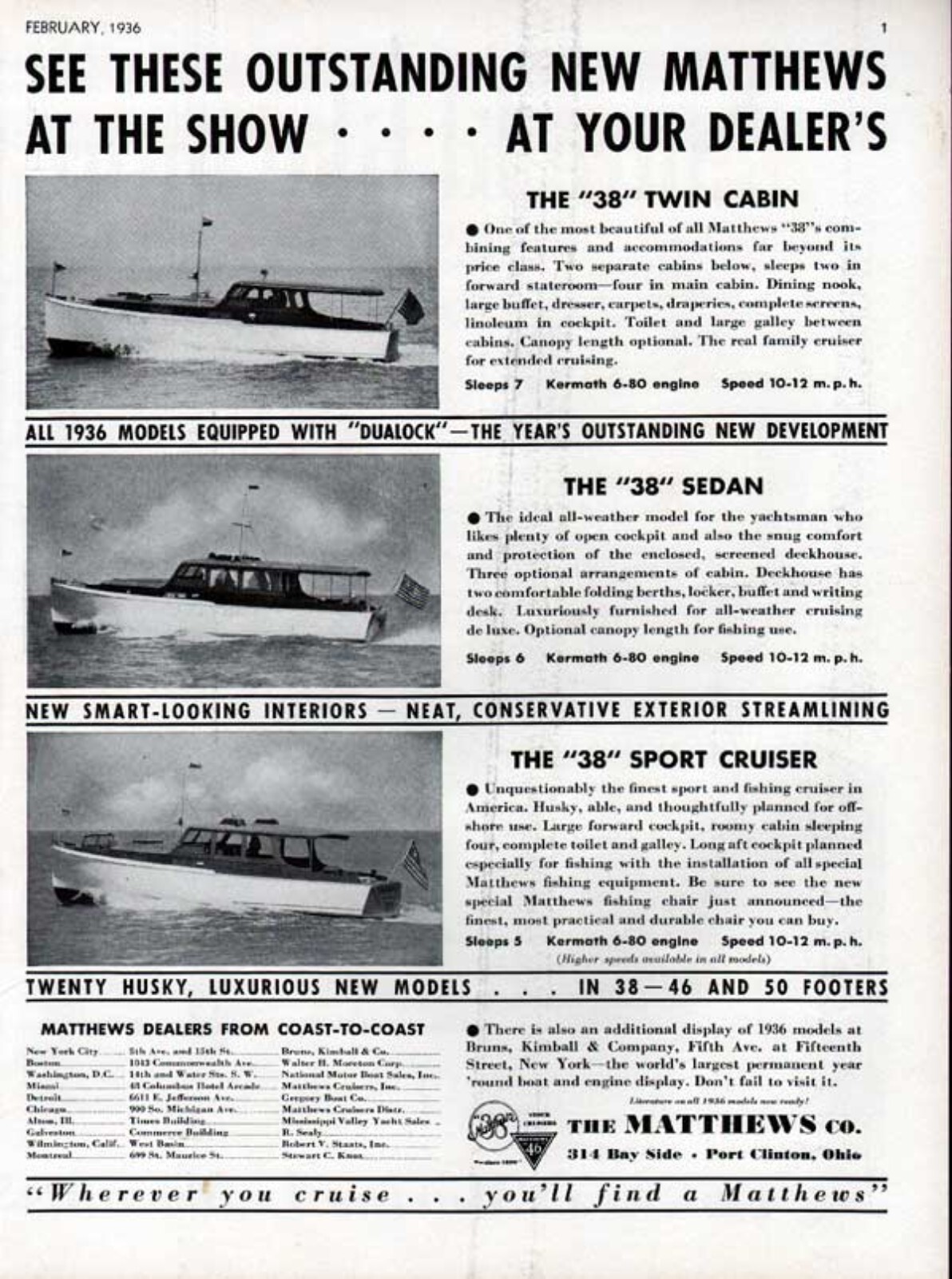 1936 MATTHEWS MOTORBOAT SEDAN YACHT TWIN CABIN CRUISER PORT CLINTON AD ...