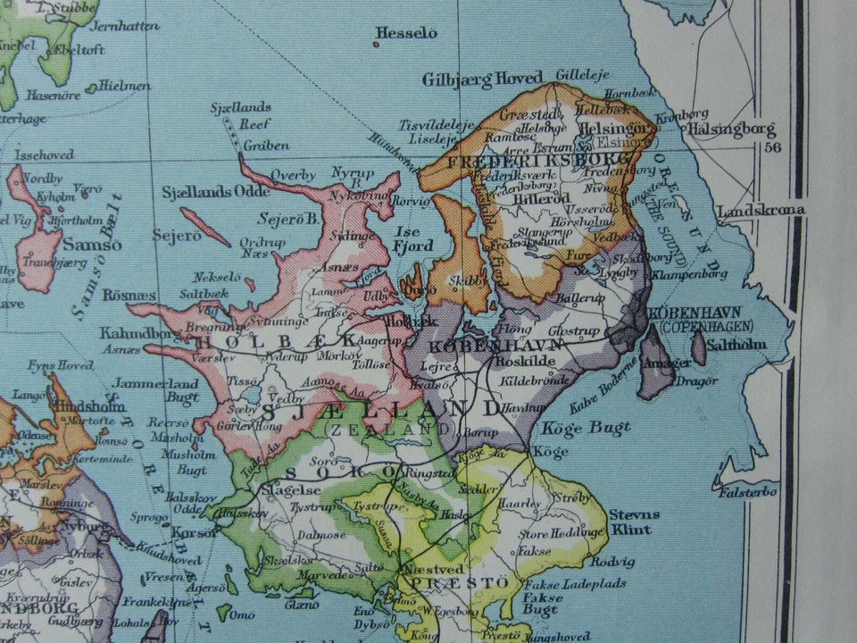 1952 Landkarte ~ Dänemark Aalborg Aarhus Copenhagen Laaland Odense ...