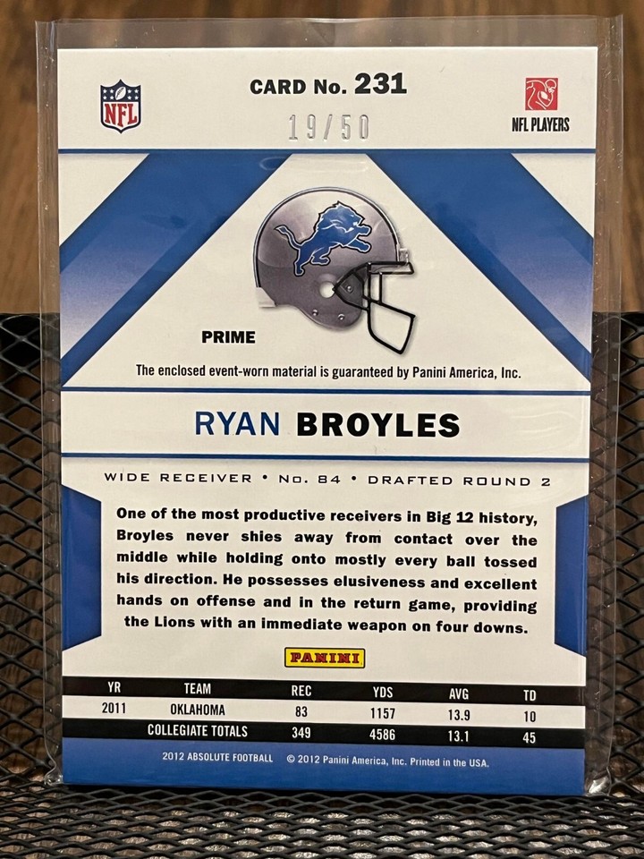 RYAN BROYLES 2012 ABSOLUTE ROOKIE TRIPLE PRIME 3 COLOR JERSEY PATCH RC ...