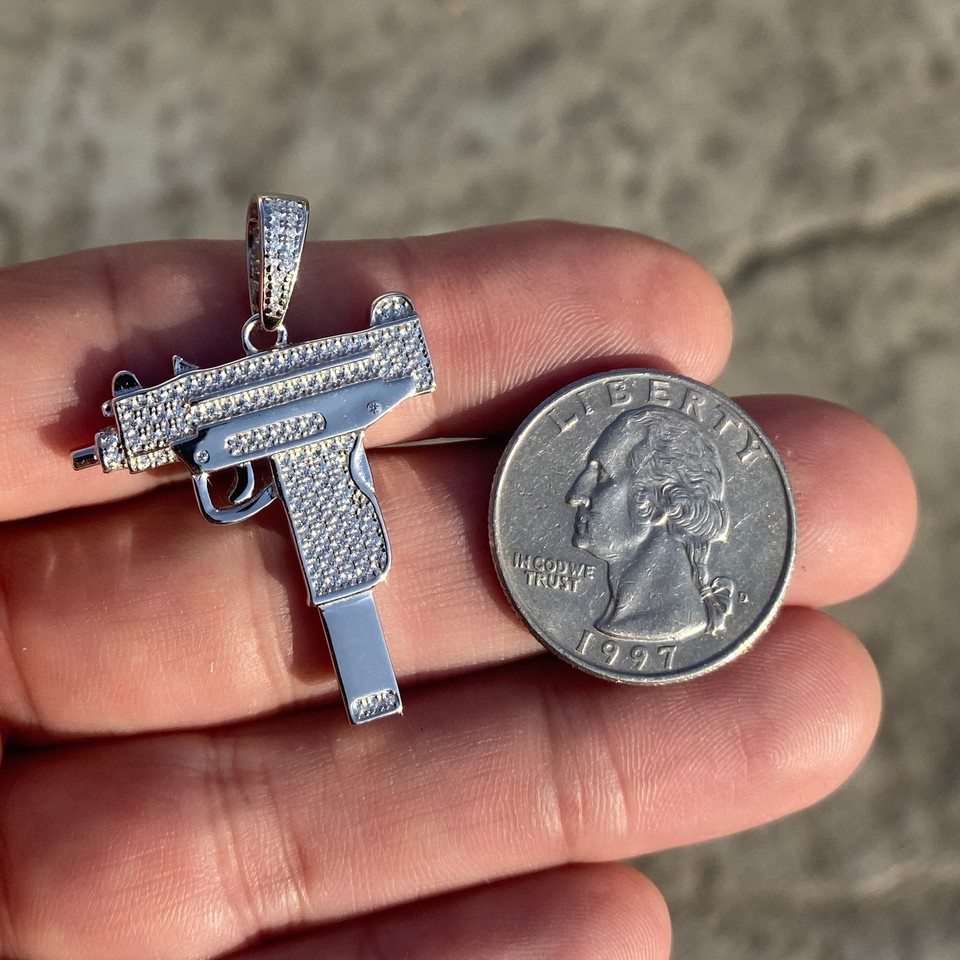 925 Sterling Silver Uzi Submachine Gun Pendant Flooded Out CZ Iced Hip ...