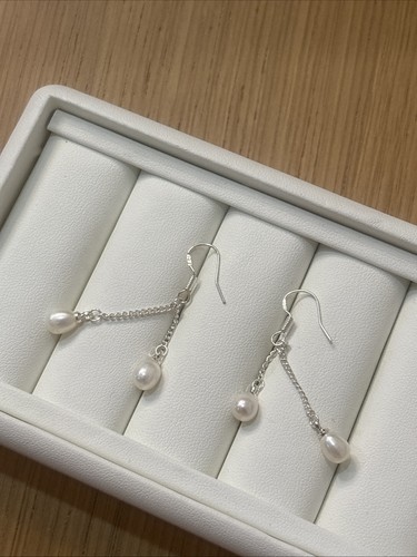 Freshwater Pearl Chain Drop Earrings 925 Sterling Silver Hooks Gift for ...