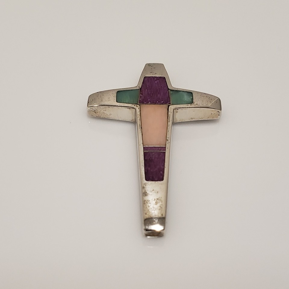 Navajo Signed Tracey Knifewing Sterling Silver Inlay Old World Cross ...