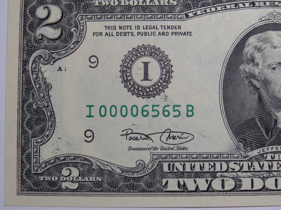 $2 2003 Low Mini Repeater Serial Number Federal Reserve Currency Bank ...
