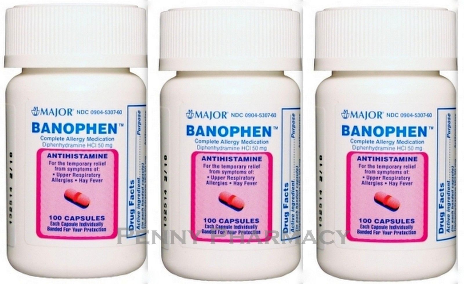 Diphenhydramine 50mg CAPSULES 100ct BANOPHEN Antihistamine ( 3 pack ...