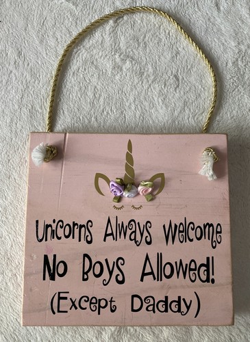 Unicorns Always Welcome No Boys Wall Sign Hanging Pink 6" x 5 1/2 ...