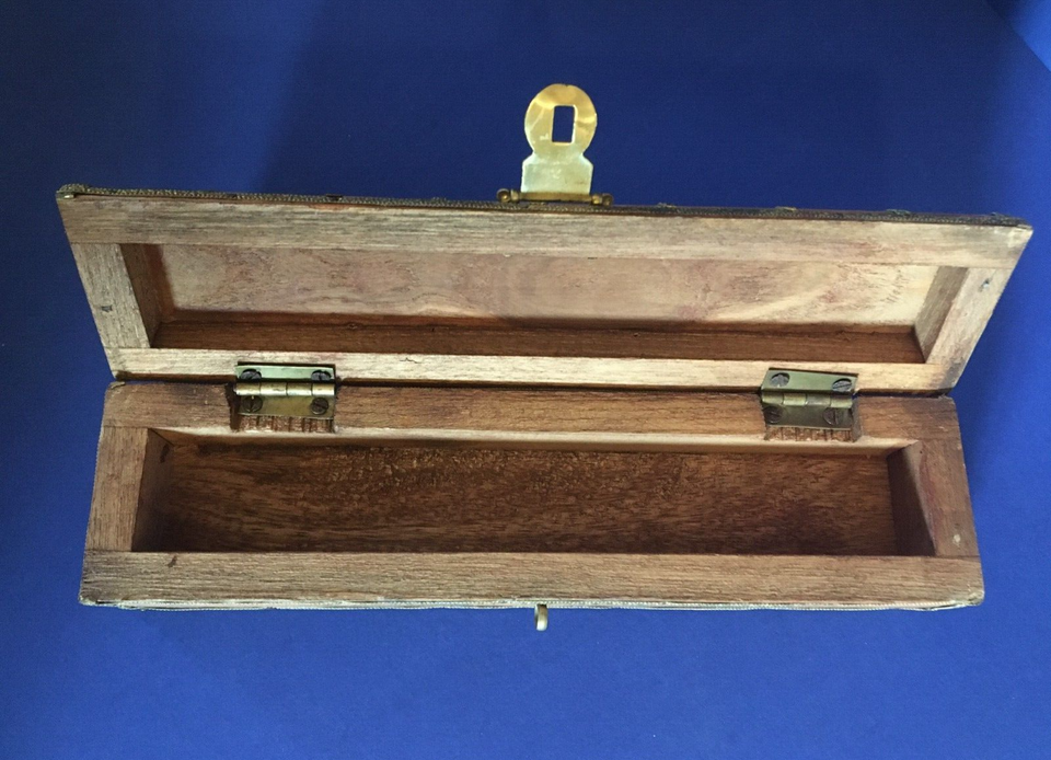 c.1950 Antique Vintage ~OLD BRASS~ Wooden Drawing Pencil Stationary Box ...