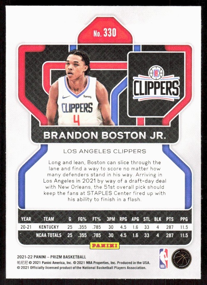 2021-22 2104A Panini Prizm Brandon Boston Jr. Rookie Los Angeles ...