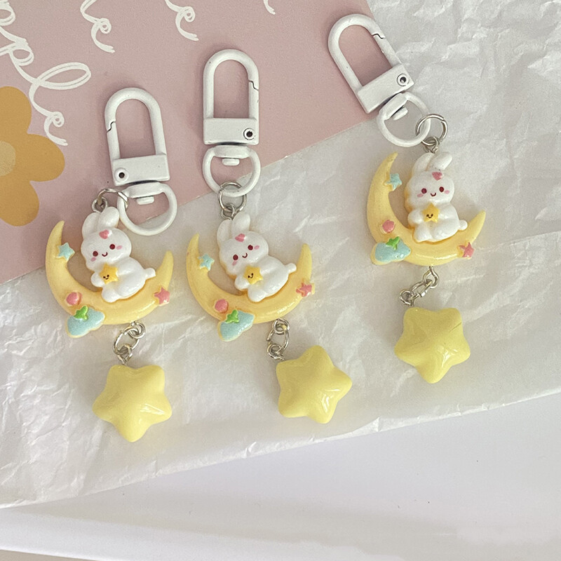 Cute Moon Rabbit Keychain For Women Sweet Cartoon Enamel Gold Color ...