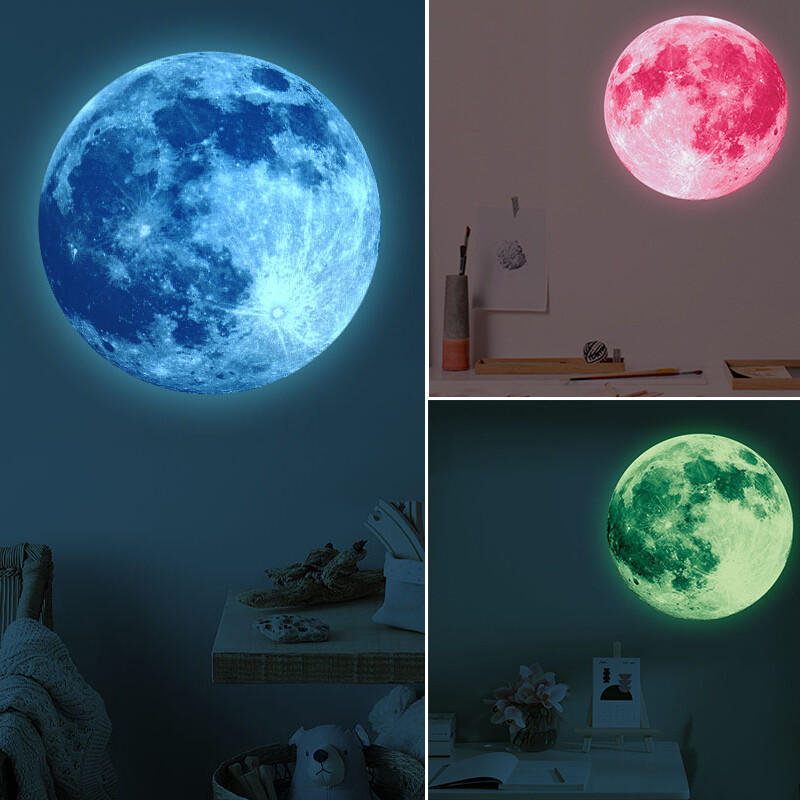30cm 3D Large Moon Glow In The Dark Fluorescent Wall Stickers Removable ...