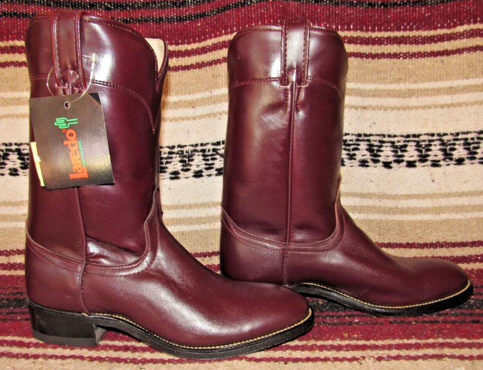 Mens Vintage Laredo Wine Leather Roper Cowboy Boots 7 D Lady 8.5 M NEW ...