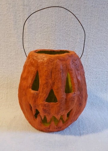 Paper Mache Jack-o-Lantern Bucket Vintage Inspired Pumpkin Rusty Handle ...