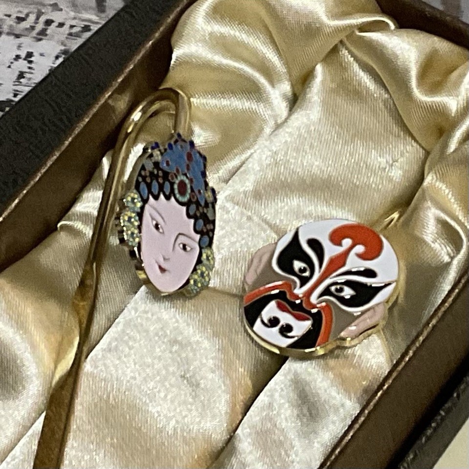 Set of 2 Peking Opera Mask Bookmarks Letter Openers - Gold Tone Enamel ...