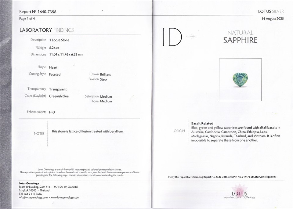 💎 LOTUS CERTIFIED* 6.26ct Heart Natural Greenish Blue Sapphire ...