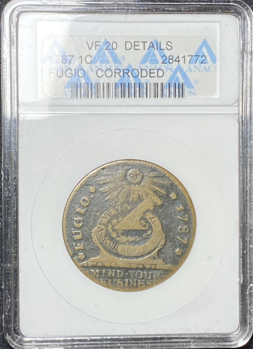 1787 Fugio Colonial Copper Cent, Old White ANACS VF-20, Newman 12-KK ...