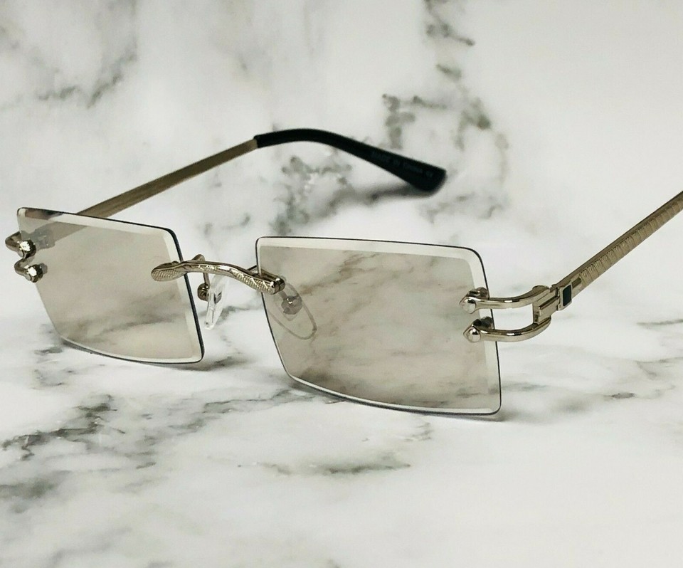 Blue Tint Mens Rimless Square Gold Frame Rectangular Hip Hop Fashion ...