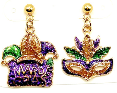 Mardi Gras Mask &Jester Glitter Gold/Purple/Green Dangle Drop Post/Stud ...